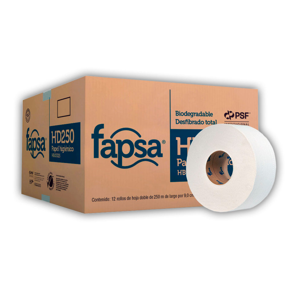 FAPSA 250 MTS PAPEL HIGIÉNICO HOJA DOBLE CAJA C/12 ROLLOS 9 CMS – Siltecsa